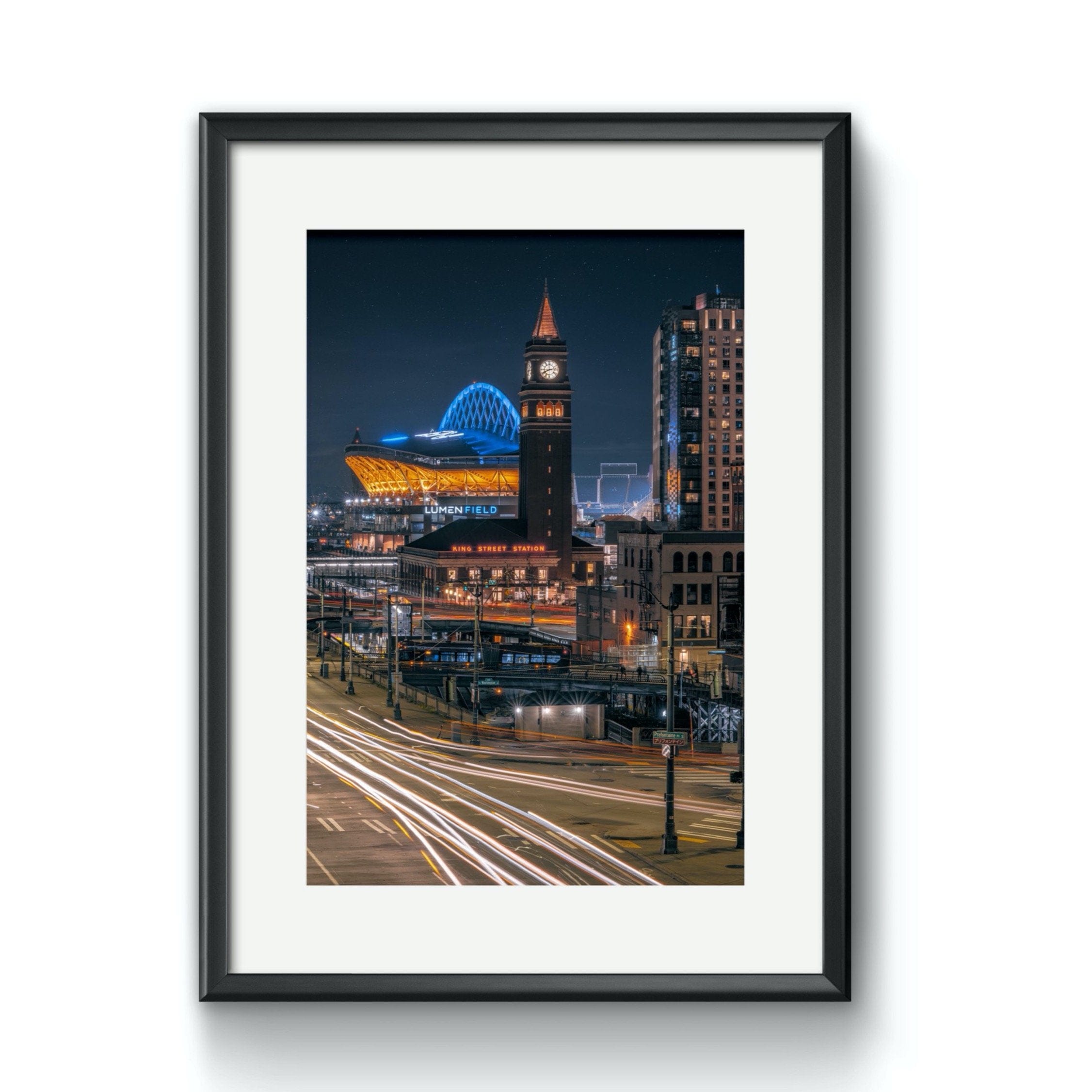 Seattle Night Skyline with Lumen Field & King Street Station Print ...